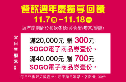 B1 餐飲週年慶獨享回饋|最新活動內容|台北忠孝館|遠東SOGO百貨
